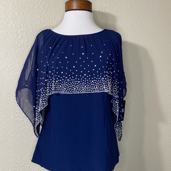 MSK | Tops | Nwt Msk Navy Blue Rhinestone And Pearl Top Size M | Poshmark